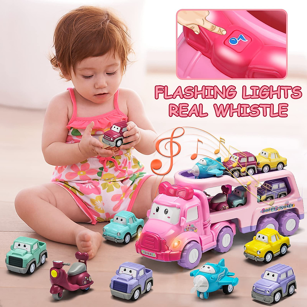 Cartoon Vehicle Toy for Toddler Girl, 9-in-1 Pink Carrier Truck for Baby Girls, Friction Power Transport Car with Light and Sound, Toys for 3 Years Old Little Girl Kid Child Infant Gift Birthday