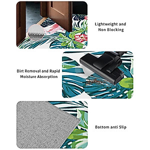 Welcome Mats, Flamingo and Green Leaves Door Mat, Non-Slip Absorbent Large 20x63 Inch Outdoor Indoor Mat Low-Profile Floor Mat Doormat for Entryway/Patio/Garage