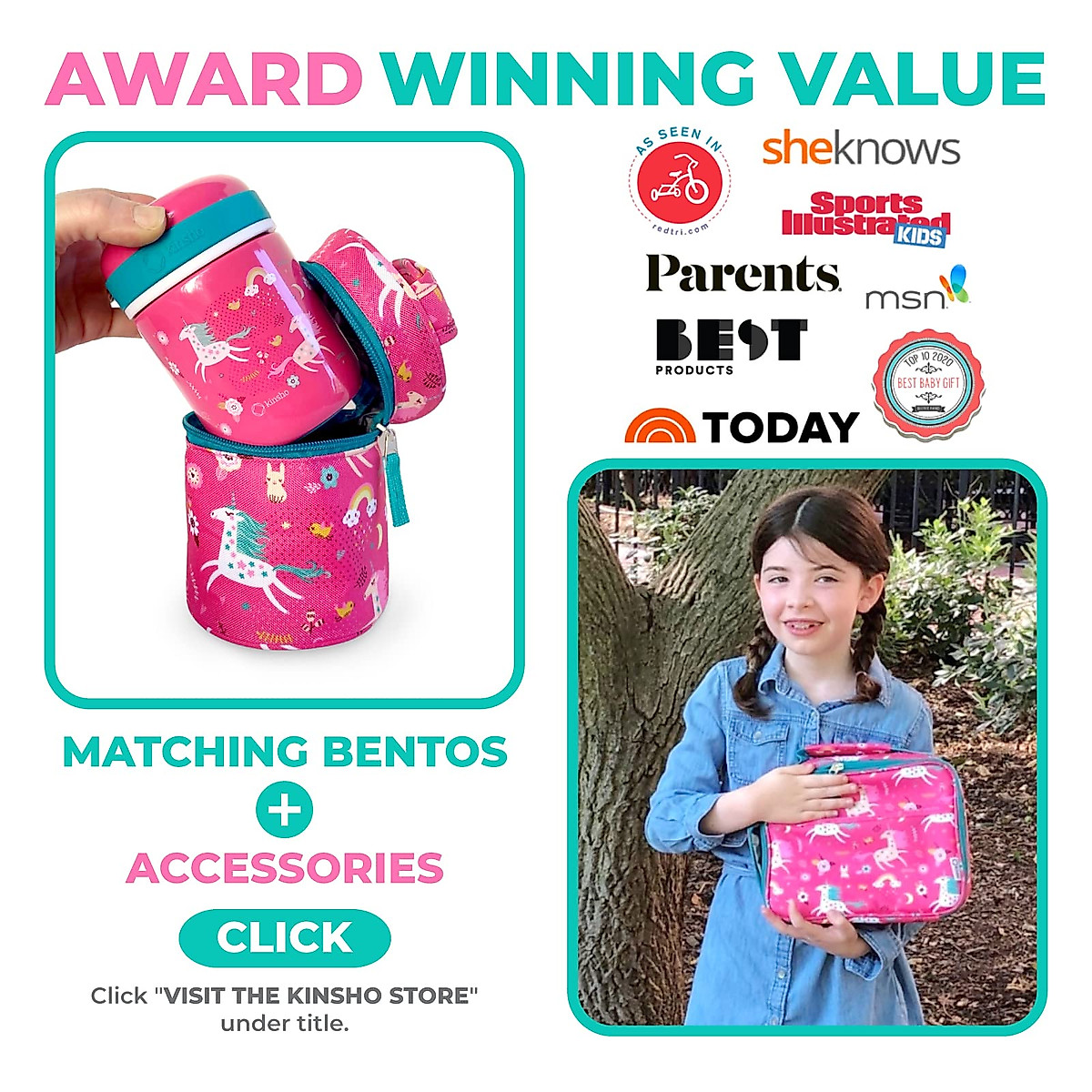 Bento Lunch Box with Insulated Bag, Water Bottle Ice Pack Set for Kids Toddlers, 5 Portion Sections, BPA Free Removable Tray, Pre-School Kid Toddler Daycare Lunches, Snack Container, Pink Unicorn