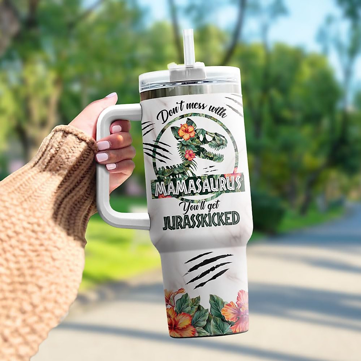 9SUNFLOWER Mamasaurus Stainless Steel Dinosaur Insulated Cup With Floral Straw Lid, Handle, 40 Oz Tumbler, Mommy Dinosaur Gift