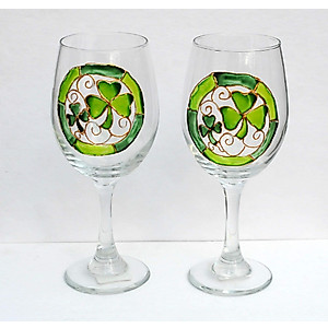 Lucky Green Shamrocks Hand Painted Stemmed Wine Glasses Set of 2