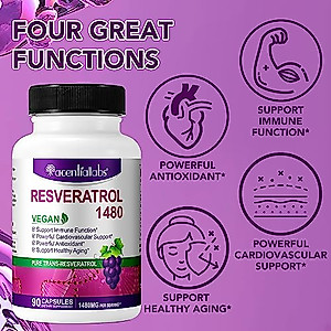 Resveratrol 1,480MG with Quercetin 90 Capsules - Vegan Trans-Resveratrol Antioxidants for Healthy Aging, Immune System, Cardiovascular & Joint Support - Improving Fatigue, Memory and Brain Function
