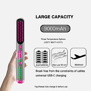 Meog Lileis Hair Straightening Brush, Cordless Hair Iron with 9000mAh Battery, Ionic Mini Hair Straightening Comb, 3 Temperature Adjustments, Ceramic Heater, USB-C, 10in, 590g