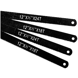 Performance Tool W741C High Carbon Steel Saw Blades - 4 Pack, 18 and 24 Teeth Per-Inch, 12-Inch Length for Efficient Cutting