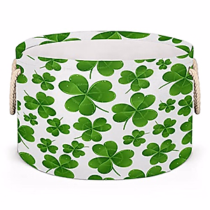 St. Patrick's Day Green Clover Leaves Large Round Baskets for Storage Laundry Baskets with Handles Blanket Storage Basket for Bathroom Shelves Bins for Organizing Nursery Hamper Girl Boy