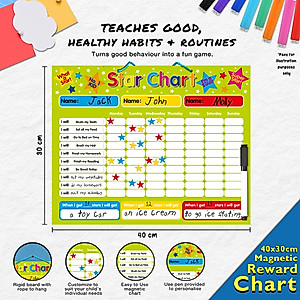 Magnetic Reward / Star / Responsibility / Behavior Chart for up to 3 Children. Rigid board 16" x 13" (40 x 32cm) with hanging loop