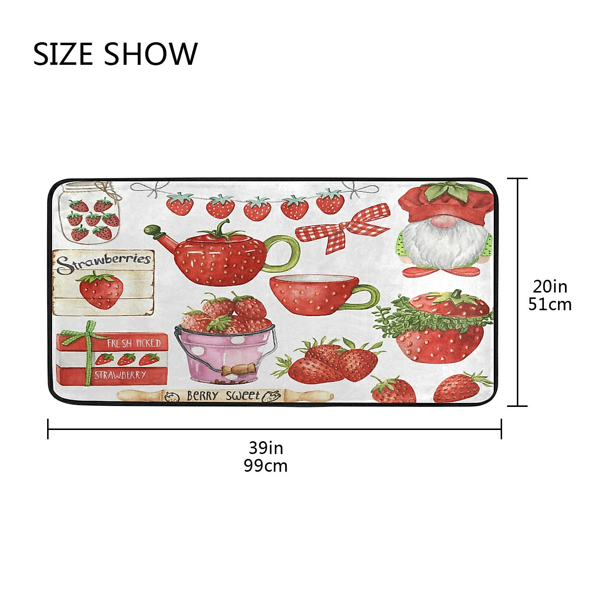 Strawberry Red Berries Kitchen Rugs Floor Mat Anti Fatigue Kitchen MatsFarmhouse Non Skid Washable Bath Rug Runner Doormats Carpet Sink Mat Carpet Doormats for Home Decor 39" X 20"