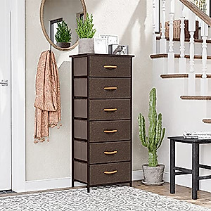 Crestlive Products Vertical Dresser Storage Tower - Sturdy Steel Frame, Wood Top, Easy Pull Fabric Bins, Wood Handles - Organizer Unit for Bedroom, Hallway, Entryway, Closets - 6 Drawers (Brown)
