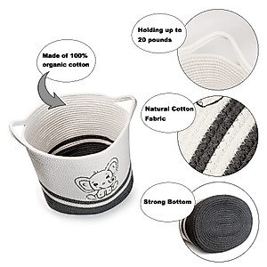 Rope Basket with Baby Elephant, Toy Storage, Nursery Storage, Blanket Storage, 14”x11”x12, White, Grey