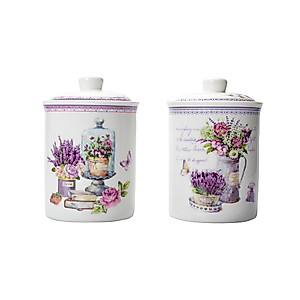 Xiteliy Ceramic Canister Set Tea Coffee Sugar Storage Pots Jars Kitchen Food Storage with Ceramic Lid Set of 2 (Purple, TL-XYC-J)