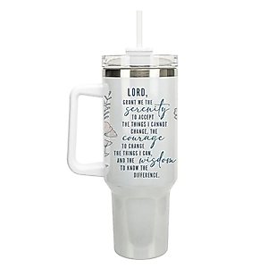Elanze Designs Serenity Prayer Lord Grant Me Flowers 40 oz. Stainless Steel, Large Water Bottle Coffee Mug, Spill & Leak Resistant, Thermal Travel Tumbler with Handle, Lid & Straw, White Shimmer