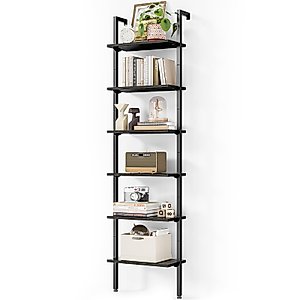 ODK Ladder Shelf, 6 Tier Black Bookshelf, 86 Inch Wall Mounted Book Shelf with Metal Frame, Ladder Bookshelf Bookcase for Bedroom, Home Office and Living Room