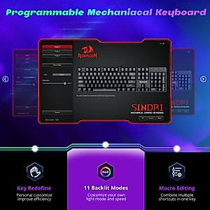 Redragon Mechanical Gaming Keyboard Wired, 11 Programmable Backlit Modes, Hot-Swappable Red Switch, Anti-Ghosting, Double-Shot PBT Keycaps, Light Up Keyboard for PC Mac