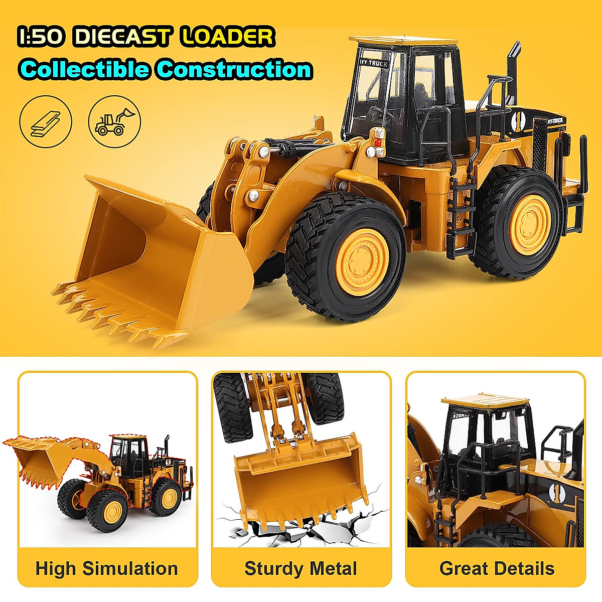 1/50 Diecast Metal Wheel Loader Truck Toy for Kids, Metal Construction Equipment Bulldozer Models for Boys and Girls