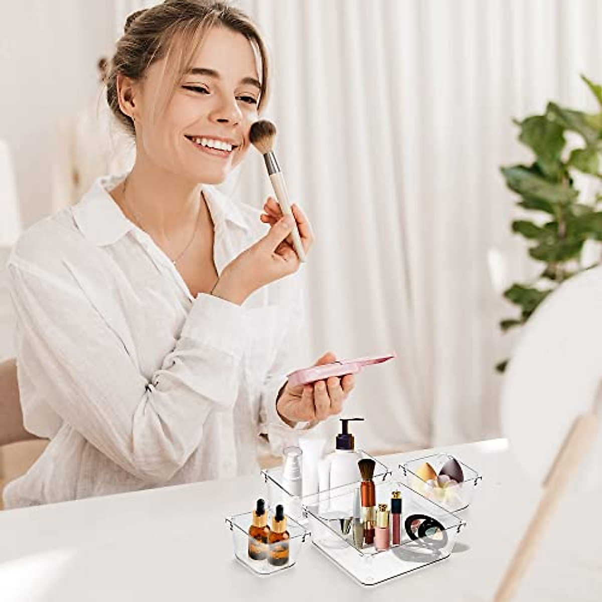 Ravinte 13 PCS Drawer Organizer Plastic Storage Bins, 5 - Size Kitchen Drawer Organizer with Non-Slip Pads Clear Desk Storage Tray for Makeup, Jewelries, Kitchen Utensils and Office