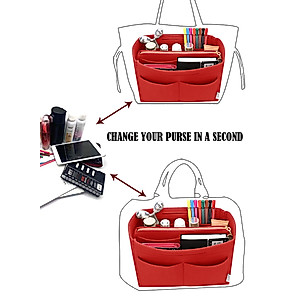LEXSION Felt Purse Bag Organizer Insert with zipper Bag Tote Shaper Fit Speedy Neverful PM MM 8021 Red M