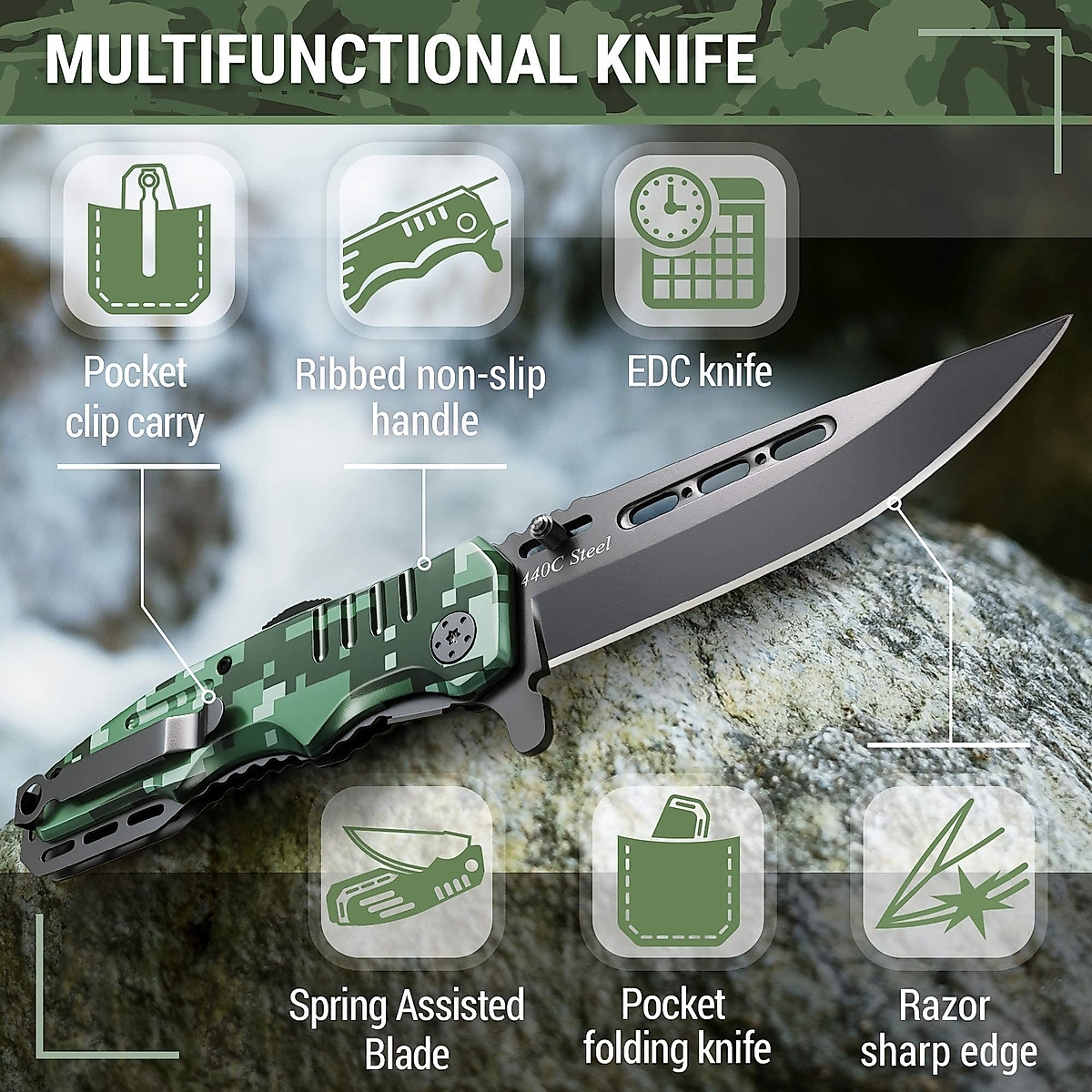 Bundle of 2 Items - Pocket Folding Knife - Military Style - Pocket Knife - Tactical Knife - Camping Knives - CSGO Karambits for Men and Women - Best for Hiking Survival Hunting Fishing