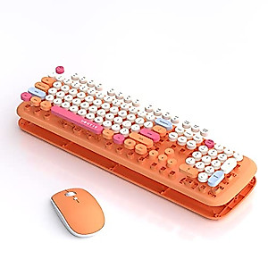 Colorful Wireless Computer Keyboards Mouse Combos, UBOTIE Polychrome Round Keycaps Retro PC Keyboards 2.4GHz Radio Frequency Connection with Optical Mouse(Orange-Colorful)