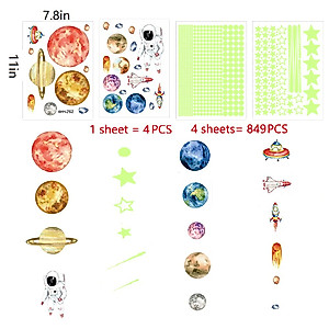 Glow in The Dark Stars Wall Stickers, Glowing Planets Astronaut Adhesive Stickers for Kids Bedroom, 849PCS Shining Galaxy Ceiling Decals, Solar System Space for Girls, Boys and Baby Room Decorations