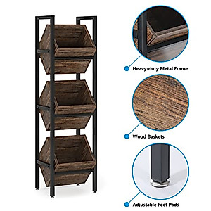 LITTLE TREE 3-Tier Basket Stand, Wooden Floor Stand Shelving Unit, Rustic Standing Organizer Storage Rack for Kitchen, Bathroom, Living Room