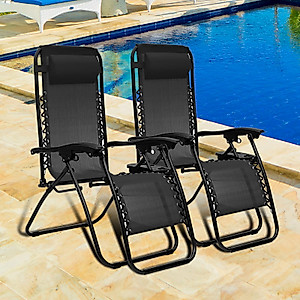 LUIBAS Zero Gravity Chair, Foldable Outdoor Reclining Lawn Chair with Adjustable Headrest and Cup Holder, Patio Lounge Recliner for Garden Poolside Camp Yard, 2 Packs, Black