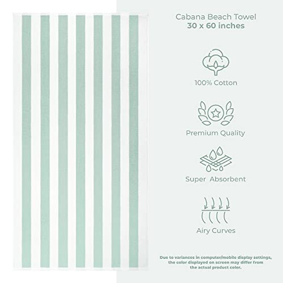 American Soft Linen Beach Towel, Cabana Striped 100% Cotton Pool Towels, 30x60 in Oversized Beach Towels, Soft Absorbent Sand Free Swim Towels, Mint Green