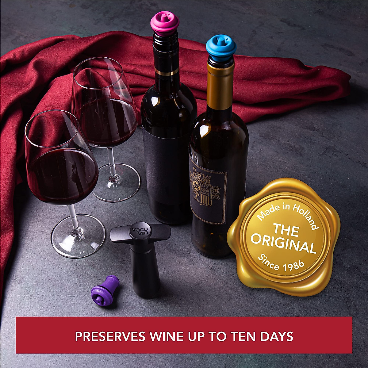 Vacu Vin Wine Saver Vacuum Stoppers - Set of 3 - Multicolor - for Wine Bottles - Keep Wine Fresh for Up to a Week with Airtight Seal - Compatible with Vacu Vin Wine Saver Pump