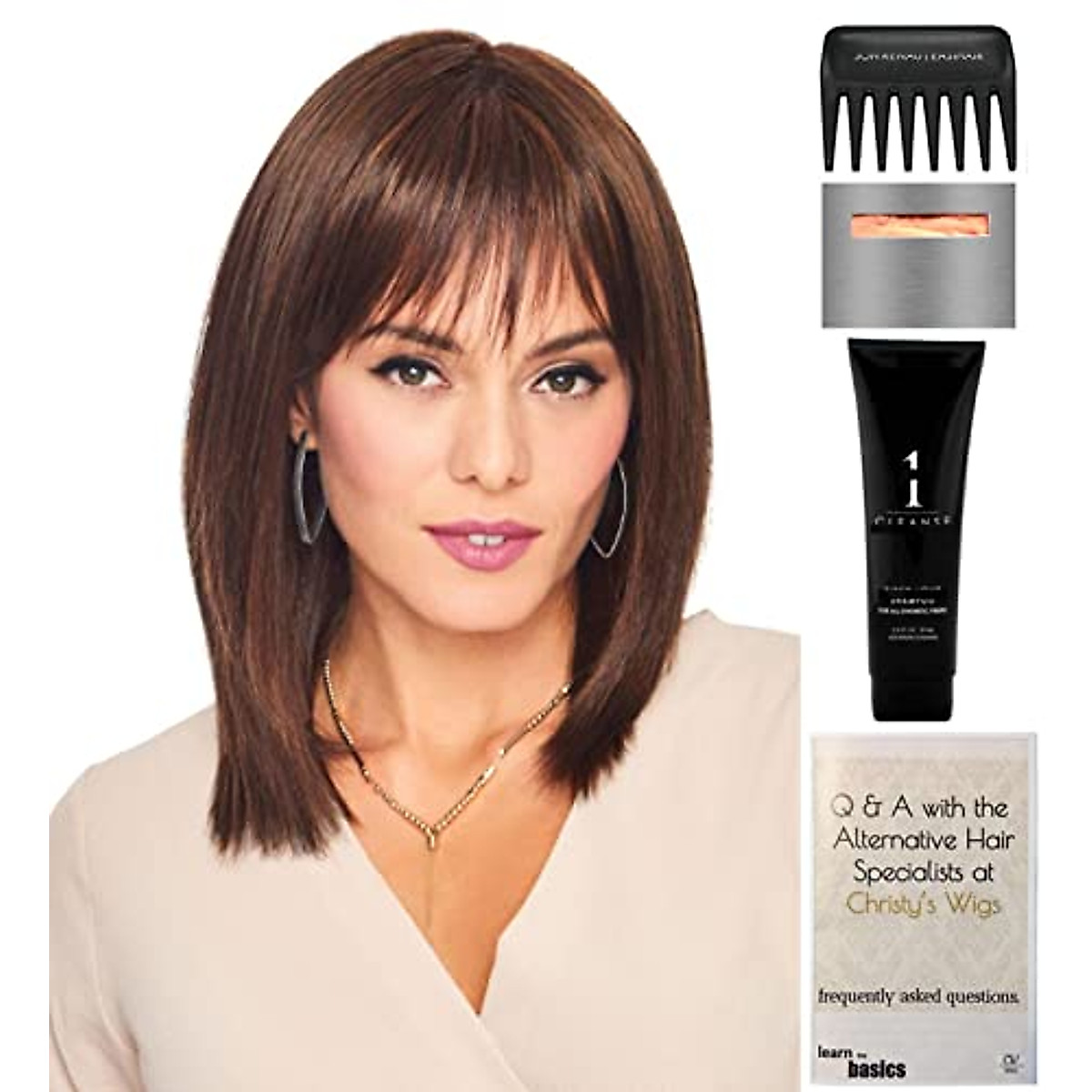 Bundle - 5 Items: Prosperity Wig by Gabor, Christy's Wigs Q & A Booklet, 2oz Travel Size Wig Shampoo, Wig Cap & Wide Tooth Comb - Color: LIGHT BROWN