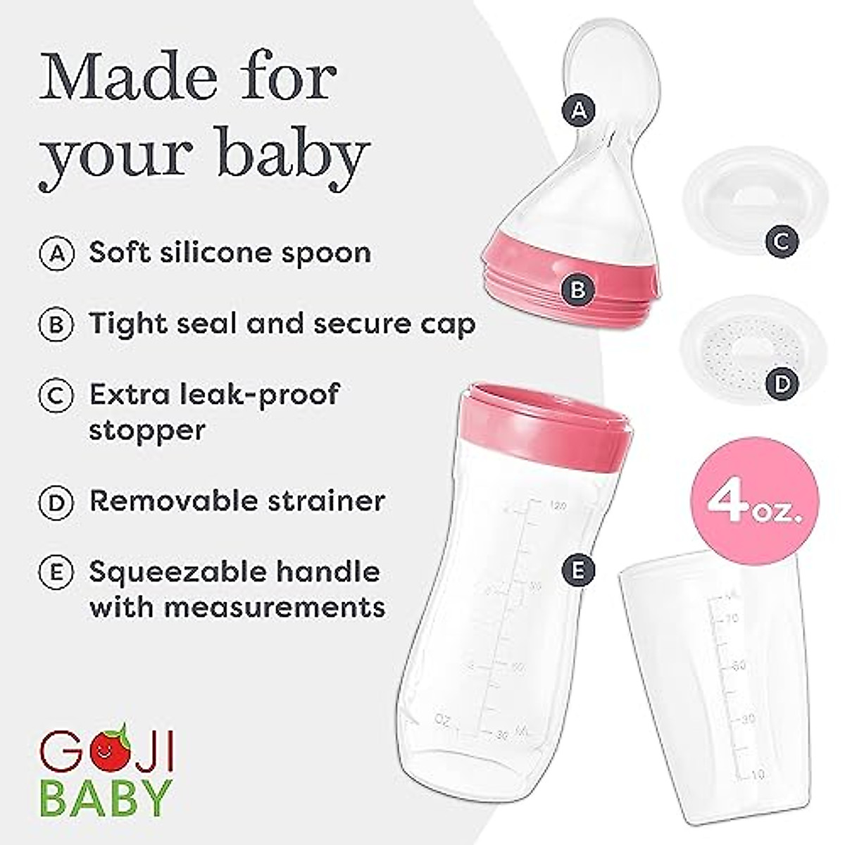Goji Baby - 4 oz Silicone Baby Food Dispensing Spoon - 2 Pack - Great for 4+ Month Infants - Includes Stopper - Easy to Use and Mess-Free - Precise Food-Release Feeder - Great for Travel (Pink)