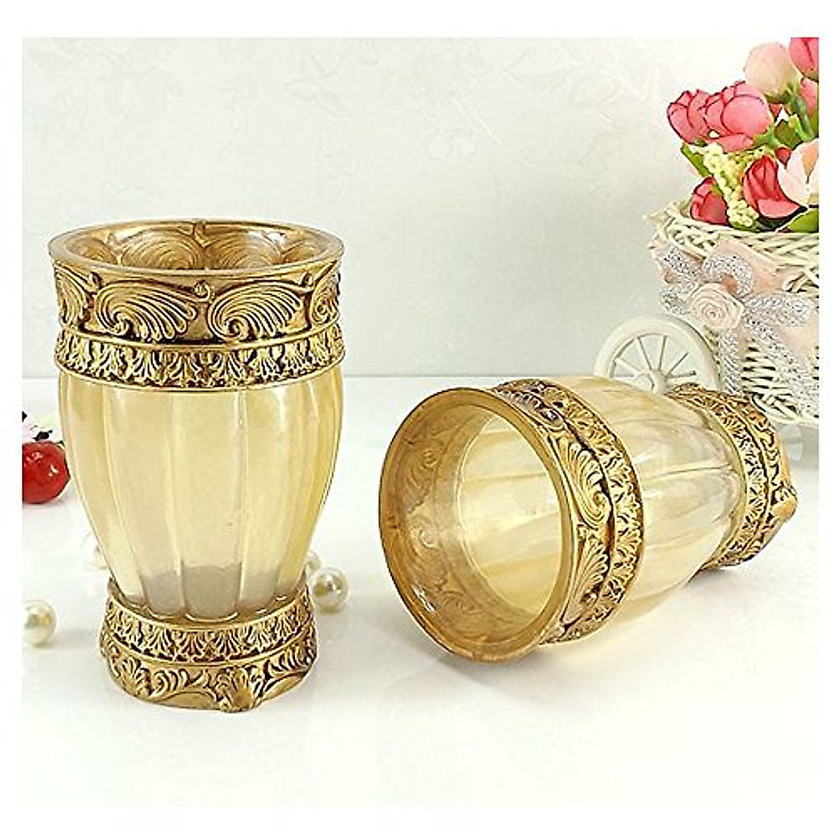 LUANT Vintage Golden Bathroom Accessories, 5Piece Bathroom Accessories Set, Bathroom Set Features, Soap Dispenser, Toothbrush Holder, Tumbler & Soap Dish - Golden Glossy - Bath Gift Set