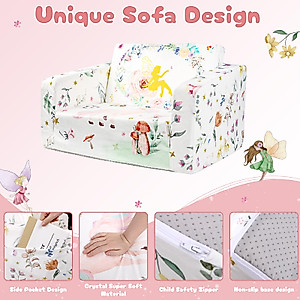 GFU Kids Sofa, 2-in-1 Toddler Chair for Girls, Soft Kids Couch Convertible, Pink Children's Mini Sofa Lounge Chair Fold Out, Perfect for Playroom and Bedroom, Genie