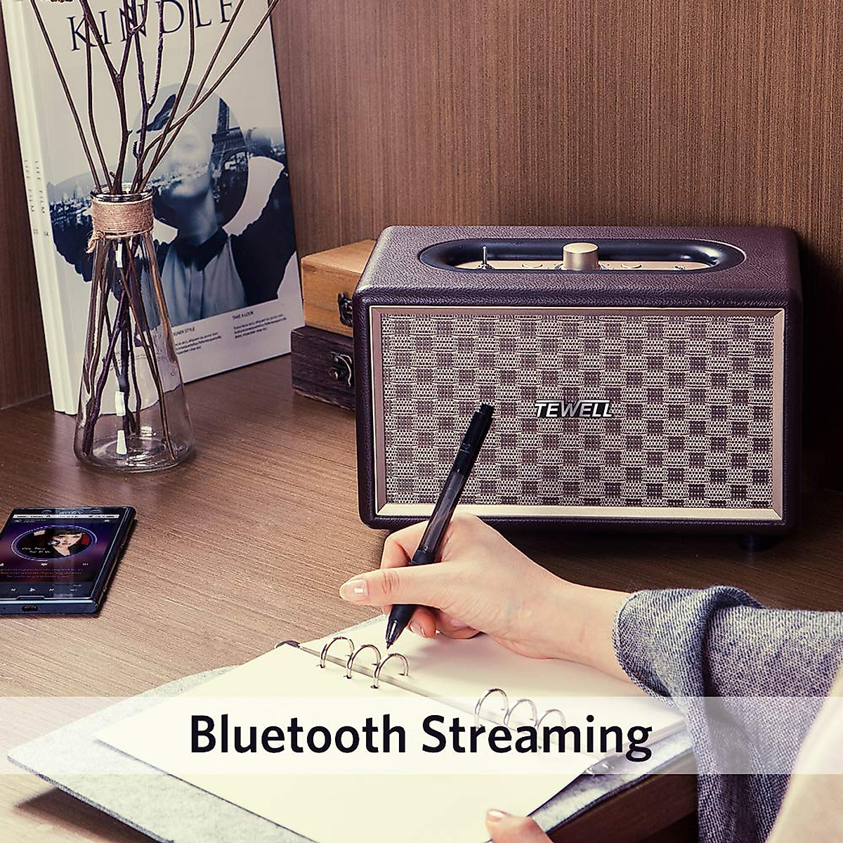 TEWELL Vintage Bluetooth Speakers with Bass Enhanced Technology, Wireless & 3.5mm Aux Input for Cellphone, AC Powered (Upgraded Version)