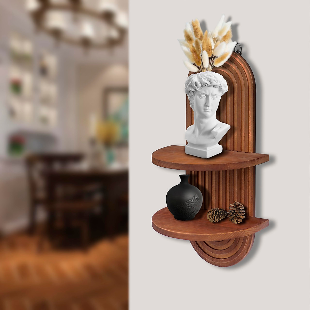 ZELURA 2 Pieces Boho Wall Shelf, Mid Century Shelves, Double Shelves, Decorative Bohemian Rainbow Hanging Shelves for Bathroom, Bedroom, Kitchen, Living Room, Laundry Room (Brown)