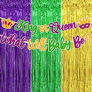 Mardi Gras Gender Reveal Decorations King Or Queen What Will Baby Be Banner Foil Curtains Backdrop Carnival Fleur De Lis Shrove Fat Tuesday New Orleans Masquerade Theme Baby Shower Party Supplies