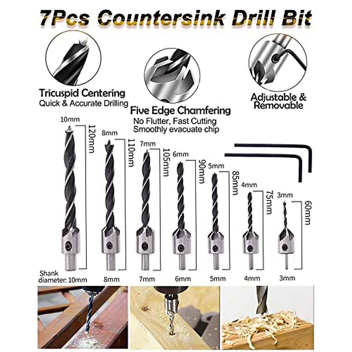 Rocaris 39 Pack Woodworking Chamfer Drilling Tools, Including Countersink Drill Bits, L-Wrench, Wood Plug Cutter, Step Drill Bit, Center Punch, Drill Stop Bit Collar Set, Twist Drill Bit Tool