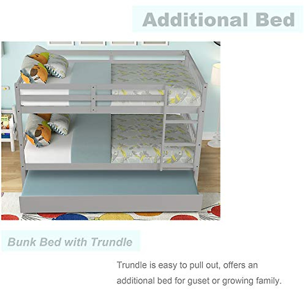 Full Over Full Bunk Bed with Trundle, Convertible to 2 Full Size Platform Bed, Full Size Bunk Bed with Ladder and Safety Rails for Kids, Teens, Adults, Grey