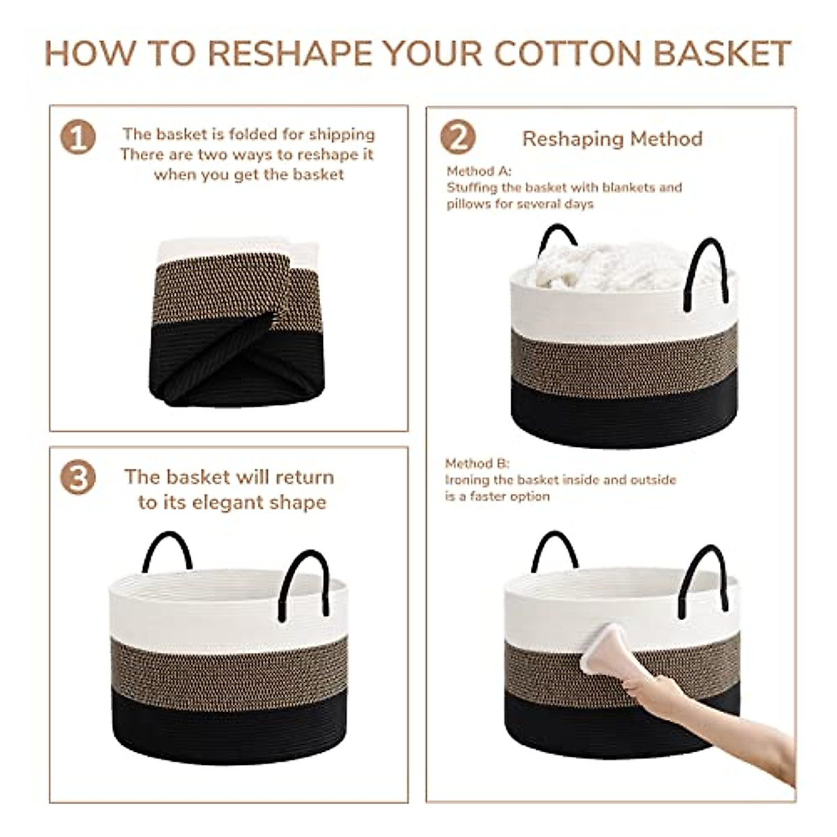 HiChen Large Woven Rope Basket With Handles, Blanket Basket Living Room, Baby Toy Nursery Storage Basket, Large Round Laundry Basket, 21.7 x 13.8 inches, 83L