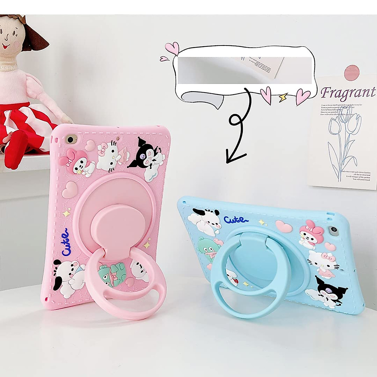 for iPad 9th/8th/7th Generation Case, iPad 10.2 Case 2021/2020/2019, with 360° Rotatable Kickstand Cute Cartoon Shockproof 10.2 Inch Silicone Case (Pink)