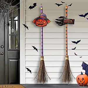Riokko Halloween Broom Decorations, Happy Halloween Broom Sign, Wooden Witch Broomsticks Halloween Front Porch Decor for Home Indoor Outdoor Wall Office 47inch