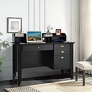Catrimown Computer Desk with Drawers and Hutch, Executive Desk Teens Study Student Desk Writing Home Office Desks for Bedroom Small Spaces Wood Furniture, Vintage Style Black