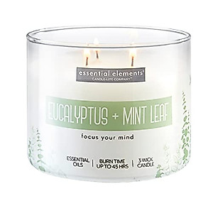 Essential Elements by Candle-lite Scented Candles, Eucalyptus & Mint Leaf Fragrance, One 14.75 oz. Three-Wick Aromatherapy Candle with 45 Hours of Burn Time, Off-White Color