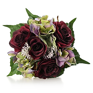 Hapeisy Artificial Flower Bridesmaids Sisters Hand Flowers Rose Bouquet Hand-Flowered Hydrangea Home Garden Decoration Photographing Props(Wine red)