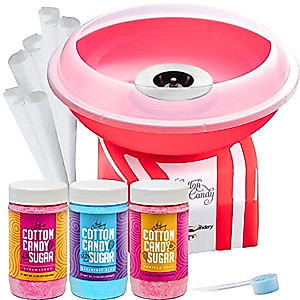 The Candery Cotton Candy Machine and Floss Bundle- Bright, Colorful Style- Sugar Free Candy, Sugar Floss, for Birthday Parties - Includes 3 Floss Sugar Flavors 12oz Jars and 50 Paper Cones & Scooper
