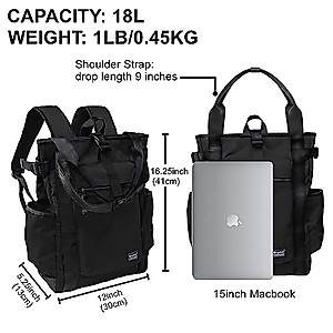 Rangeland Unisex Laptop Tote Backpack Convertible Lightweight Nylon Water-Resistant Everyday Shoulder Tote bag Backpack with Water Bottle Pocket Work Travel, All Black