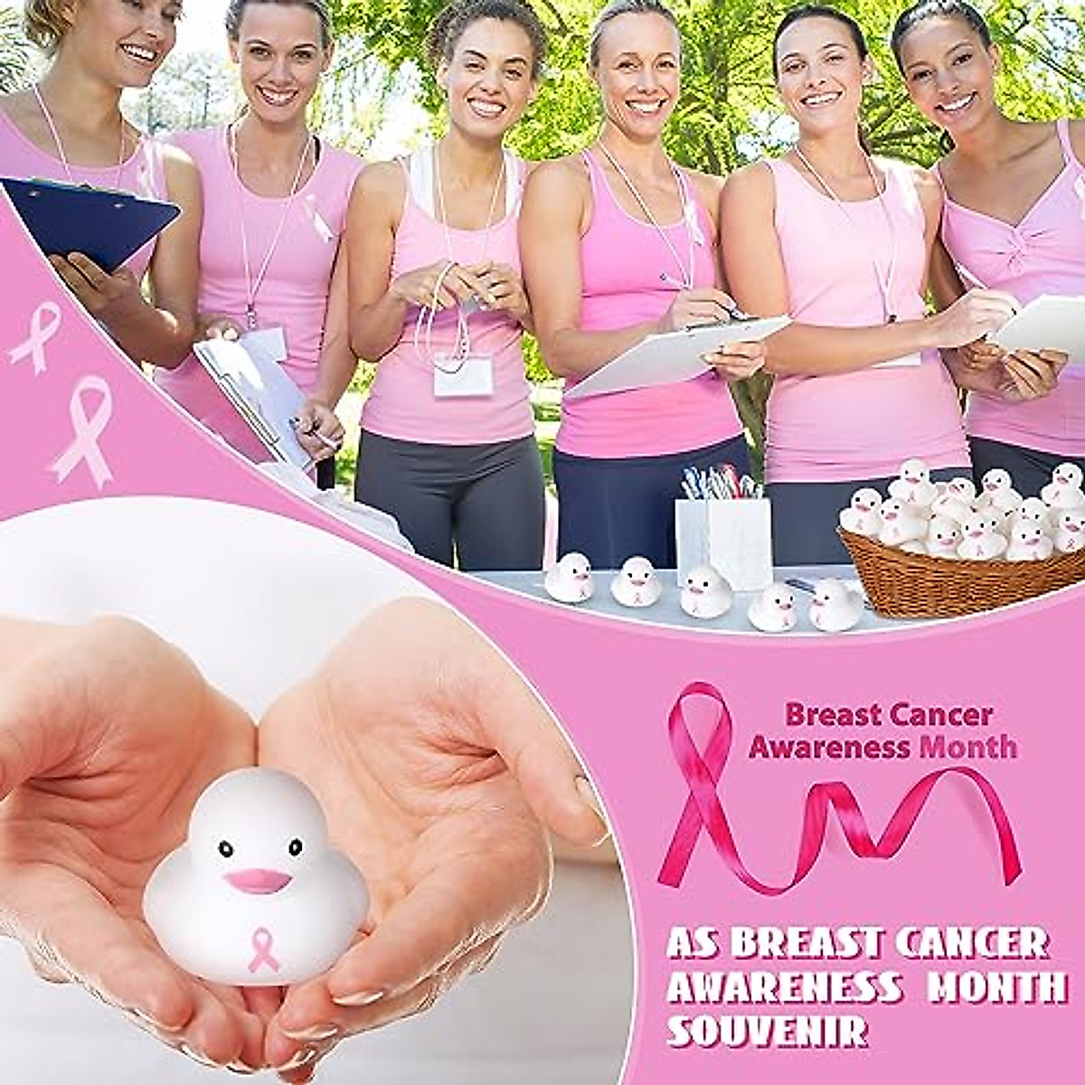 Libima 2 Inch Breast Cancer Awareness Rubber Ducks Bulk White Float Rubber Ducks Mini Rubber Ducks Bath Toy for Bath Baby Shower Birthday Gifts Breast Cancer Party Favors (48 Pcs)