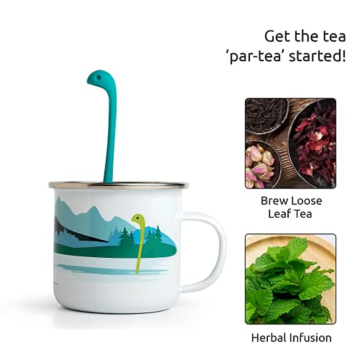 OTOTO Cup of Nessie, Baby Nessie Tea Infuser Mug - Tea Cup with Infuser Set - BPA-free Dinosaur Tea Mug with Infusers for Loose Tea - Tea Cup and Strainer