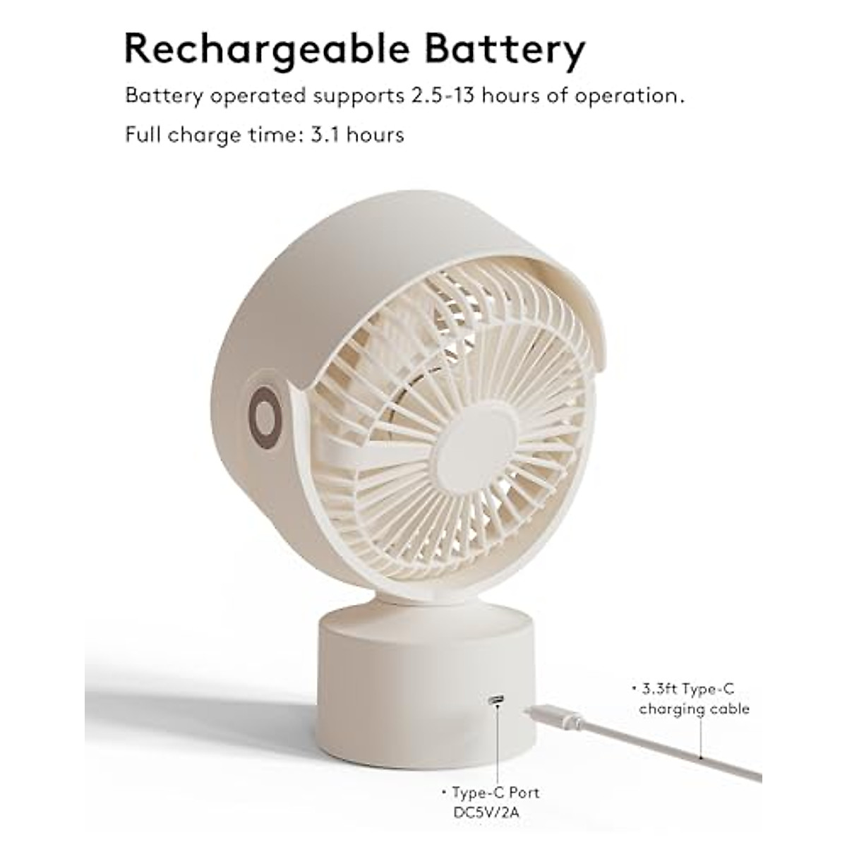 CARONSORT Desk Fan, Small Oscillating Fan for Bedroom, 9 Inch Table Fans Quiet,Desk Air Circulator Fan with 3 Speeds, 4H Time, Rechargeable Fan for Office/Dorm/Room-Beige