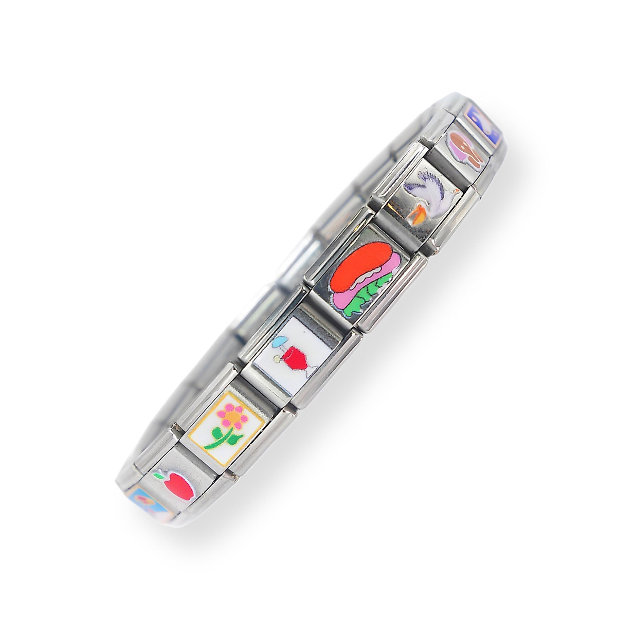 Decorated Italian Charm Bracelet, 18 charm bracelet with unique designs. 6.9 inches long, interchangeable charms