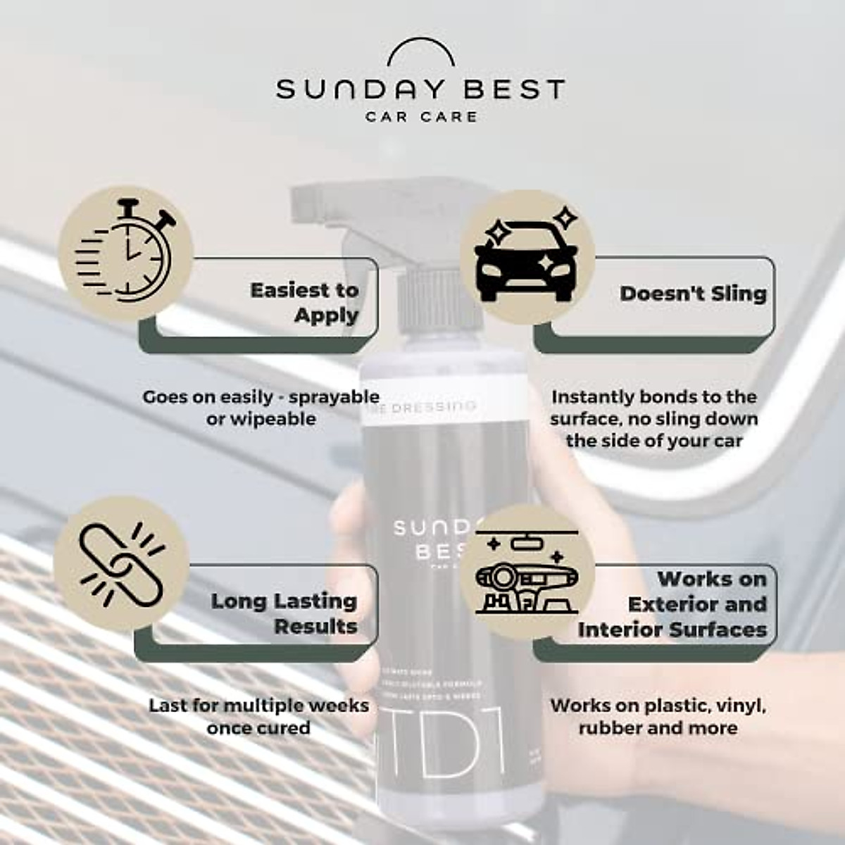 Sunday Best Car Care | Tire Dressing Shine & Protectant , Vinyl, Rubber & Plastic, Long Lasting Easy Spray or Wipe on Application, Commercial Grade Water Based Solution (16oz)
