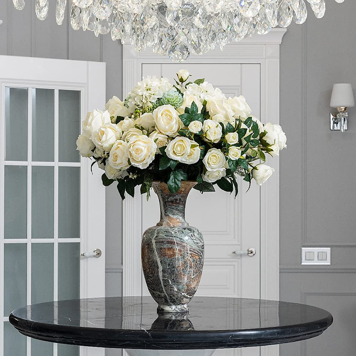 Kisflower 12Pcs White Roses Artificial Flowers, Realistic Single Stem Flowers Silk Rose Bouquet for Wedding Party Office Home Decor (White)